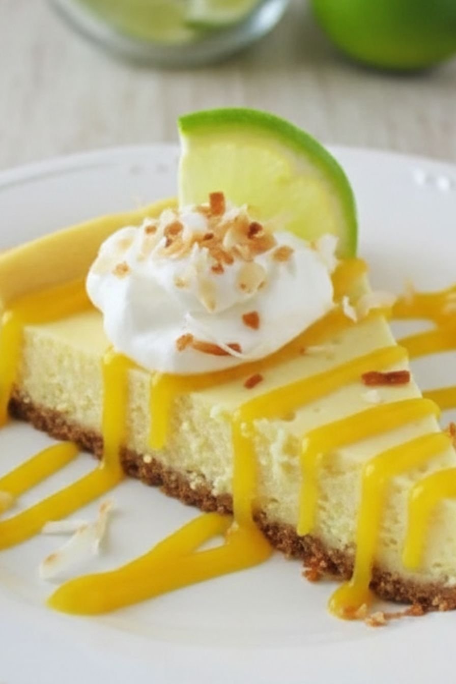 Easy No-Bake Coconut Lime Cheesecake with Mango Coulis